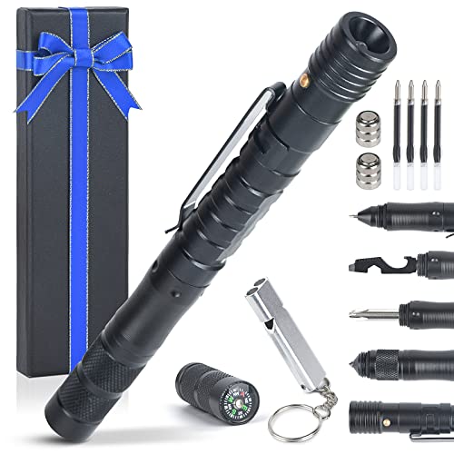 Multitool Tactical Compass Pen Screwdriver Opener with Flashlight,Emergency Whistle Writing Ballpoint Pen and More,Stocking Stuffers for Men, Christmas Gifts for Men Dad,Including Gift Box and bowknot