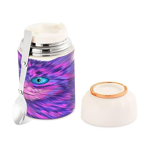 CUPADA Purple Cat Face Food Jar, Cute Animal Insulated Hot Food Jars Vacuum 17OZ with Folding Spoon for Work Trip Picnic Camping