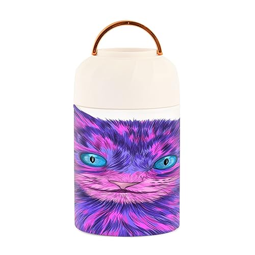 CUPADA Purple Cat Face Food Jar, Cute Animal Insulated Hot Food Jars Vacuum 17OZ with Folding Spoon for Work Trip Picnic Camping