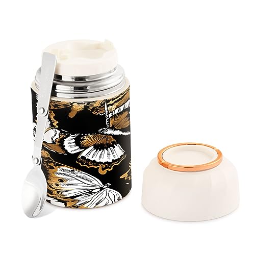 CUPADA Leopard Butterfly Food Jar for Hot and Cold, Skin Pattern Insulated Food Jars Vacuum 17OZ with Folding Spoon for Work Trip Picnic Camping