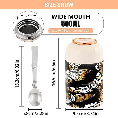 CUPADA Leopard Butterfly Food Jar for Hot and Cold, Skin Pattern Insulated Food Jars Vacuum 17OZ with Folding Spoon for Work Trip Picnic Camping