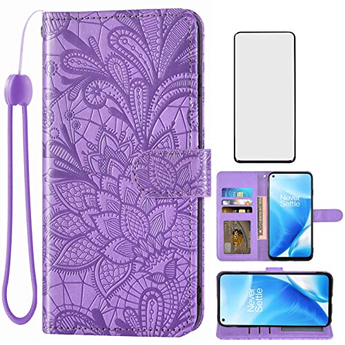 Asuwish Phone Case for OnePlus Nord N200 5G with Screen Protector and Lace Wallet Cover Flip Card Holder Stand Cell Accessories One Plus N 200 G5 1 Plus 200N 1plus One+ 1+ N2005G 2021 Women Men Purple