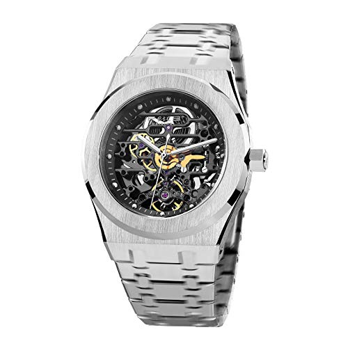 FEICE Watches for Men Automatic Skeleton Watch 42mm Case Stainless Steel Mechanical Anti Shock Waterproof Luminous Sapphire Crystal Analog Watches Business Wristwatch Adjustable Band FM019HOT