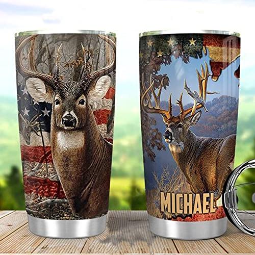 Personalized To My Dad Father Tumbler From Daughter Son Deer Hunting With American Flag Background Custom Name Hunting Lovers Gifts 20oz With Lid Travel Cup For Birthday Anniversary