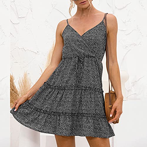 V-Neck Ruffled Dexy Suspender Floral Women's Summer Mini Dress Dress Women's Dress (Black, L)
