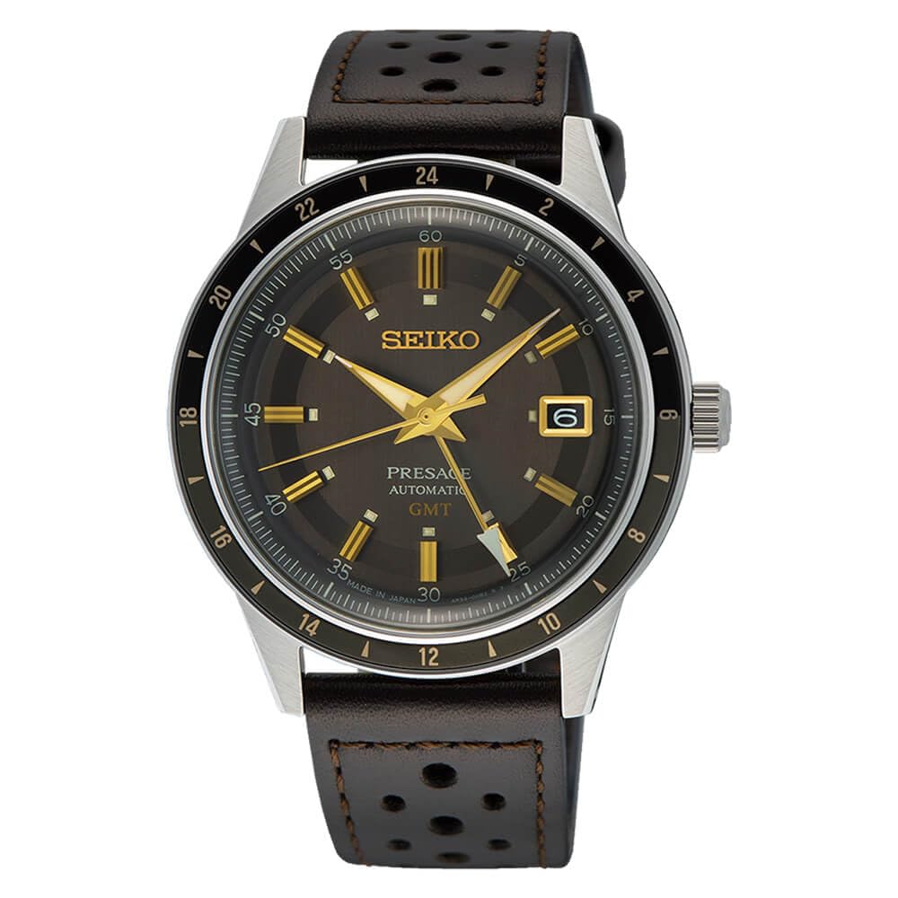 SEIKO Men's Satin Black Dial Brown Grained Leather Band Presage Automatic GMT Analog Watch