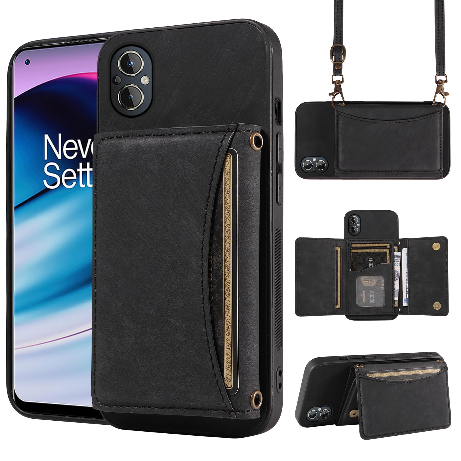 Phone Case For OnePlus Nord N20 5G Wallet Cover with Crossbody Shoulder Strap and Leather Credit Card Holder Pocket Slim Cell Accessories One Plus N 20 G5 1 Plus 20N 1plus One+ 1+ N205G Girls Black