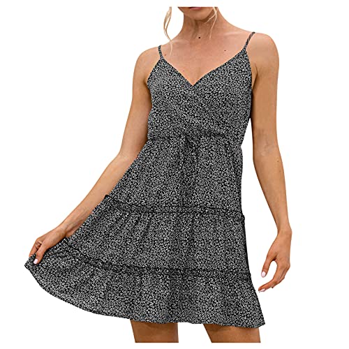 V-Neck Ruffled Dexy Suspender Floral Women's Summer Mini Dress Dress Women's Dress (Black, L)