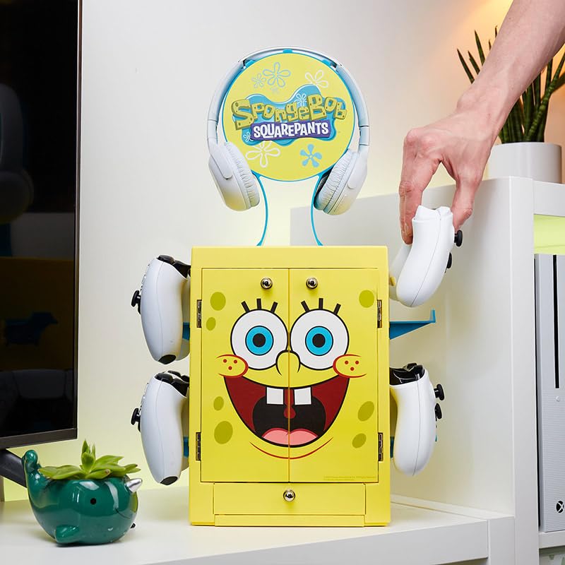 Numskull Official Spongebob Gaming Accessory Locker & Storage Stand – Holds 10 Games/DVDs, 4 Controllers, Headset, and Accessories – Durable & Compact Organizer – Official Spongebob Merchandise