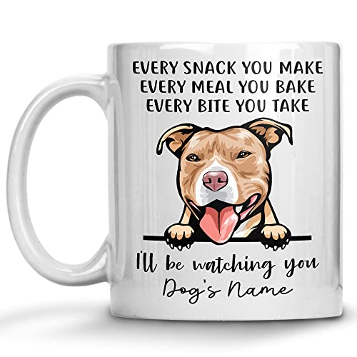 Personalized Red Nose American Pit Bull Coffee Mug, Every Snack You Make I'll Be Watching You, Customized Dog Mugs for Mom Dad, Gifts for Dog Lover, Mothers Day, Fathers Day, Birthday Presents