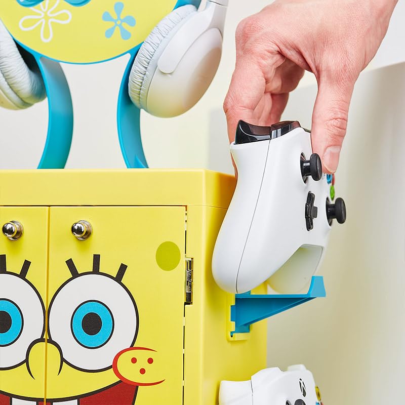 Numskull Official Spongebob Gaming Accessory Locker & Storage Stand – Holds 10 Games/DVDs, 4 Controllers, Headset, and Accessories – Durable & Compact Organizer – Official Spongebob Merchandise