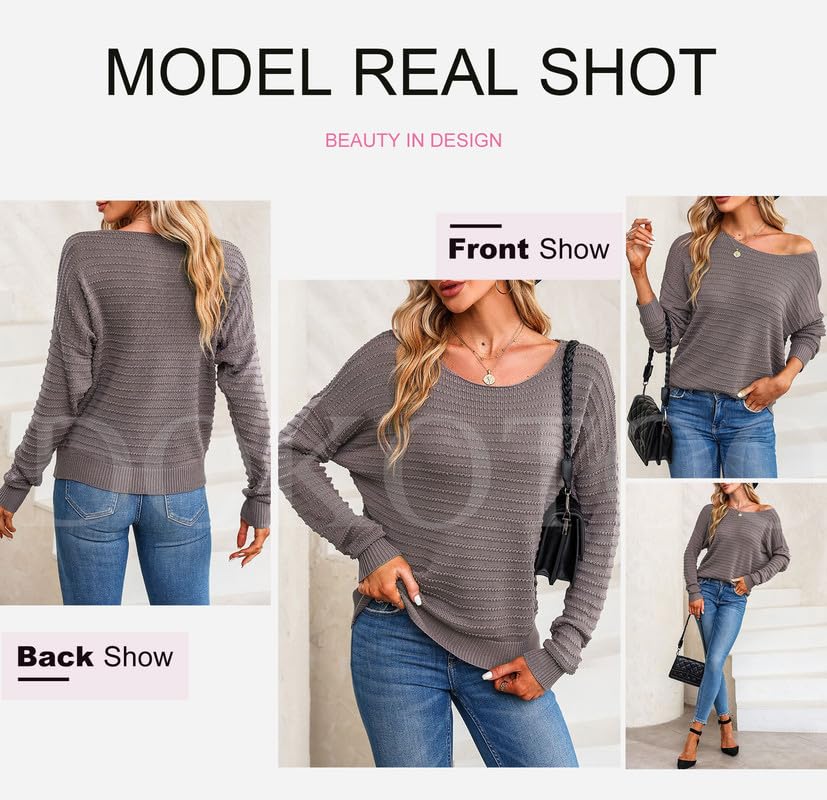 Dokotoo Womens Long Sleeve Tops Winter Fall Fashion 2024 Crewneck Drop Shoulder Ribbed Knit Textured Sweaters Solid Pullovers Jumper Gray Medium
