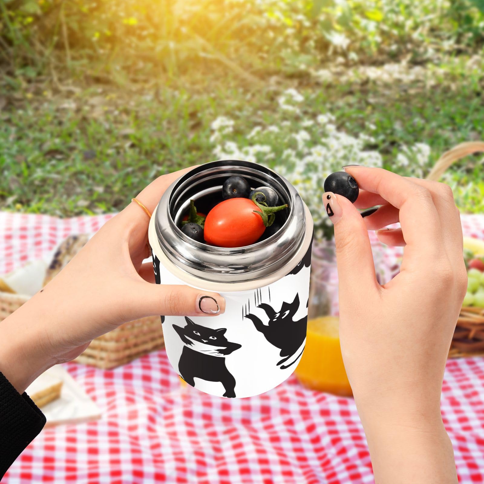CUPADA Black Cats Paw Scratching Food Jar for Hot and Cold, Insulated Food Jars Vacuum 17OZ with Folding Spoon for Work Trip Picnic Camping