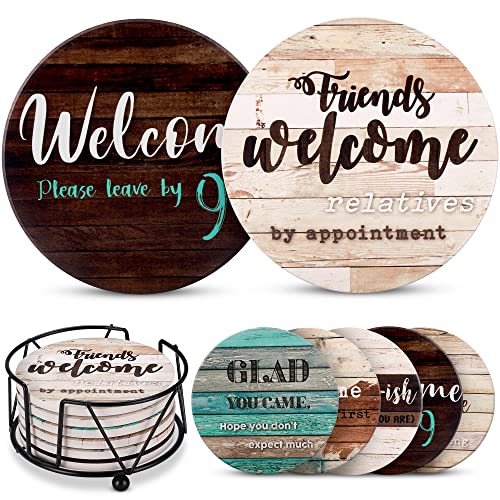 Funny Coasters for Coffee Table - 6 Sarcastic Absorbent Stone Cork Drink Coasters, Farmhouse Bar Coasters for Drinks with Holder, Cool Housewarming Gift, New Home - Cup Coster for Wooden Table