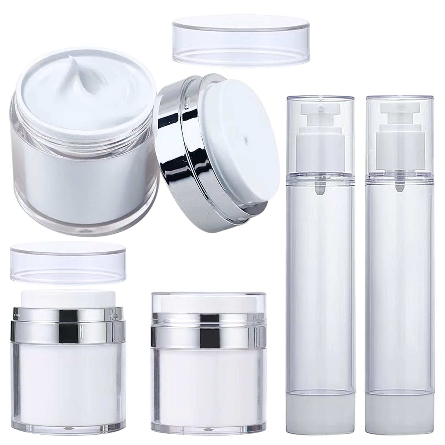 5 Pack Airless Pump Jar set, 1.7 OZ Airless Pump Bottle and Travel Jar for Creams, Vacuum Cosmetics Pump Bottle Dispenser, Travel Container for Creams, Lotion, Cosmetic, Toiletries and Liquid Storage