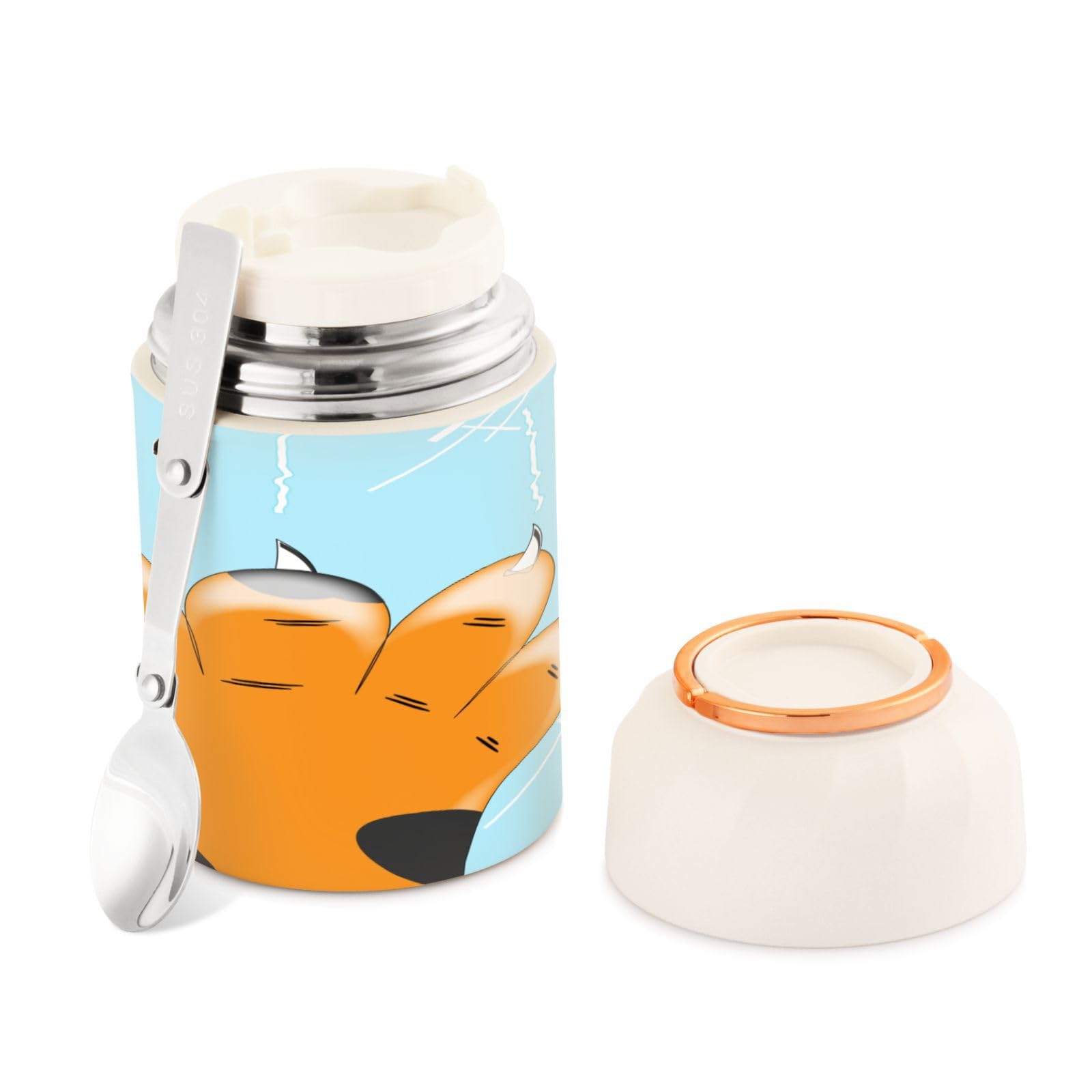 CUPADA Tiger Paw Food Jar for Hot and Cold, Cartoon Glass Insulated Food Jars Vacuum 17OZ with Folding Spoon for Work Trip Picnic Camping