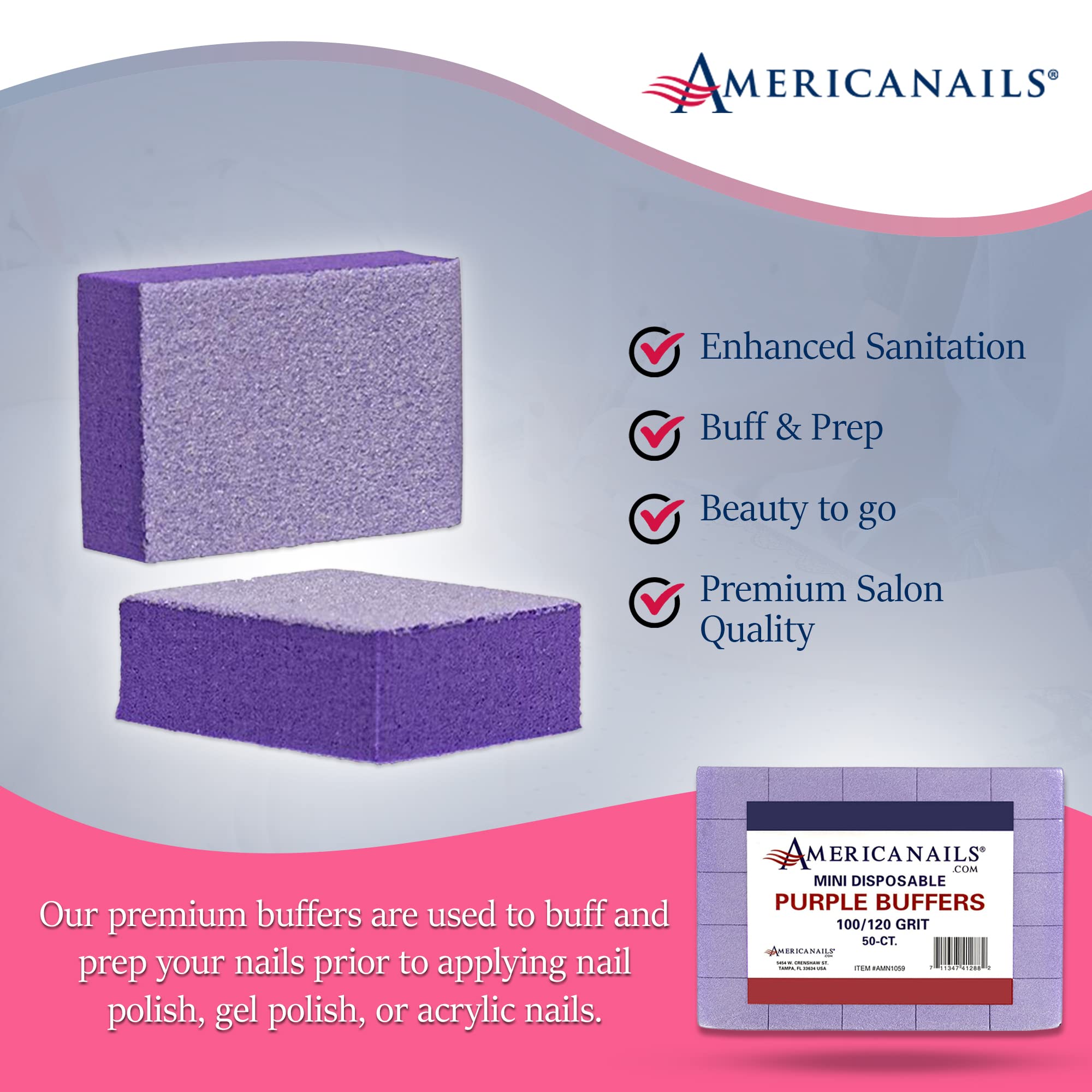 Americanails Mini Purple Buffers - (100/120 Grit) - Professional Salon Quality Buffing Blocks for Nails - Buff Nails Prior to Application of Polish, Gel Polish, Gel, Acrylic, Double-Sided, 50 Ct