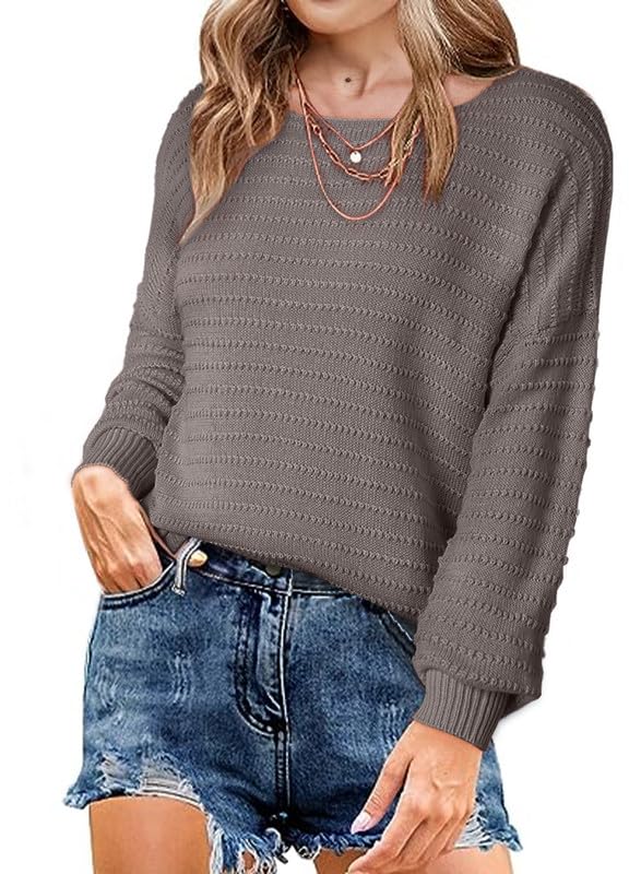 Dokotoo Womens Long Sleeve Tops Winter Fall Fashion 2024 Crewneck Drop Shoulder Ribbed Knit Textured Sweaters Solid Pullovers Jumper Gray Medium