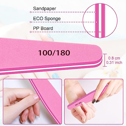 Anrui Emery Boards for Nails, 12 PCS Nail Files for Natural Nails, 100/180 Grit Double Sided Emery Boards for Nails, Reusable & Washable Professional Nail File for Home Salon - Pink