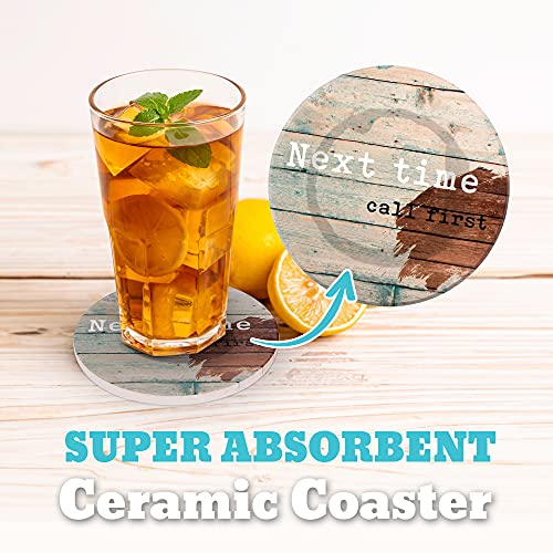 Funny Coasters for Coffee Table - 6 Sarcastic Absorbent Stone Cork Drink Coasters, Farmhouse Bar Coasters for Drinks with Holder, Cool Housewarming Gift, New Home - Cup Coster for Wooden Table