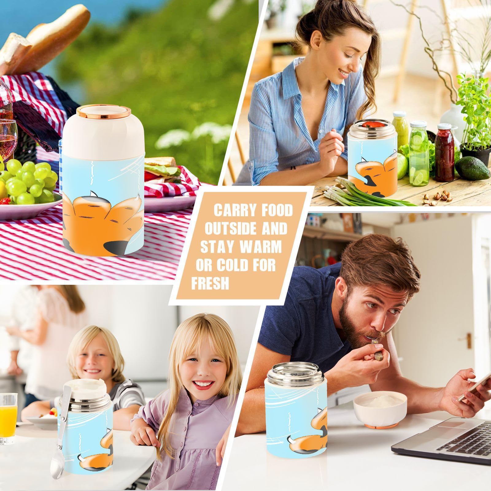 CUPADA Tiger Paw Food Jar for Hot and Cold, Cartoon Glass Insulated Food Jars Vacuum 17OZ with Folding Spoon for Work Trip Picnic Camping
