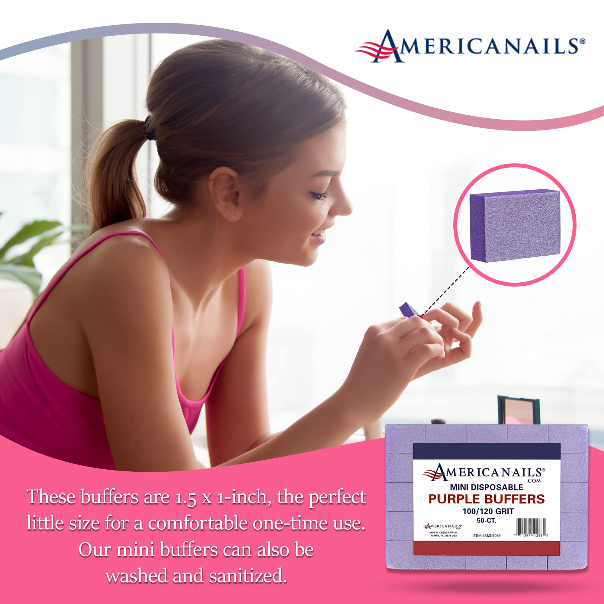 Americanails Mini Purple Buffers - (100/120 Grit) - Professional Salon Quality Buffing Blocks for Nails - Buff Nails Prior to Application of Polish, Gel Polish, Gel, Acrylic, Double-Sided, 50 Ct