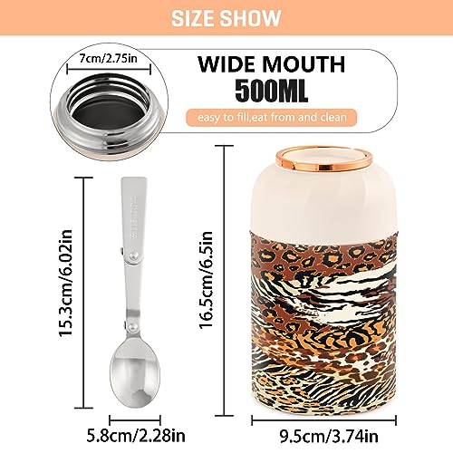 CUPADA Animal Skin Print Food Jar for Hot and Cold, Leopard Insulated Food Jars Vacuum 17OZ with Folding Spoon for Work Trip Picnic Camping