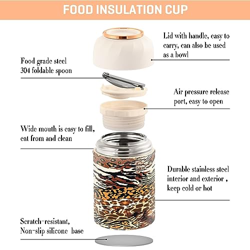 CUPADA Animal Skin Print Food Jar for Hot and Cold, Leopard Insulated Food Jars Vacuum 17OZ with Folding Spoon for Work Trip Picnic Camping