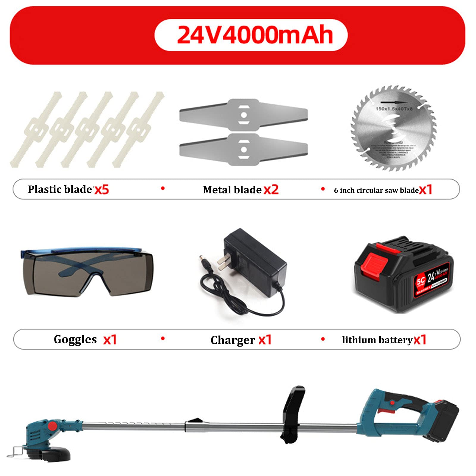 JNYB Cordless Grass Trimmer 24V Electric Grass Trimmer Lawn Edger with Li-ion Battery and Charger Telescopic String Trimmer Weed Grass Cutter Kit