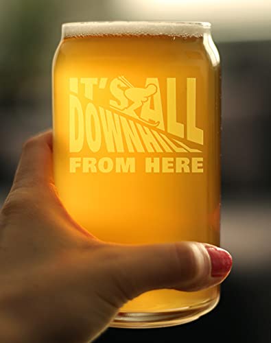 It's All Downhill From Here - Beer Can Pint Glass - Unique Skiing Themed Decor and Gifts for Mountain Lovers - 16 oz Glasses