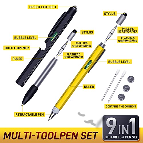 Gifts for Men Dad Him, Fathers Day,Multi-Tool 2Pc Pen Set,9 in 1 Multitool Pen,Unique Christmas Gifts for Men, Husband, Dad,Tool Gadget for Men Women, Stocking Stuffers Gifts for Men (Yellow)
