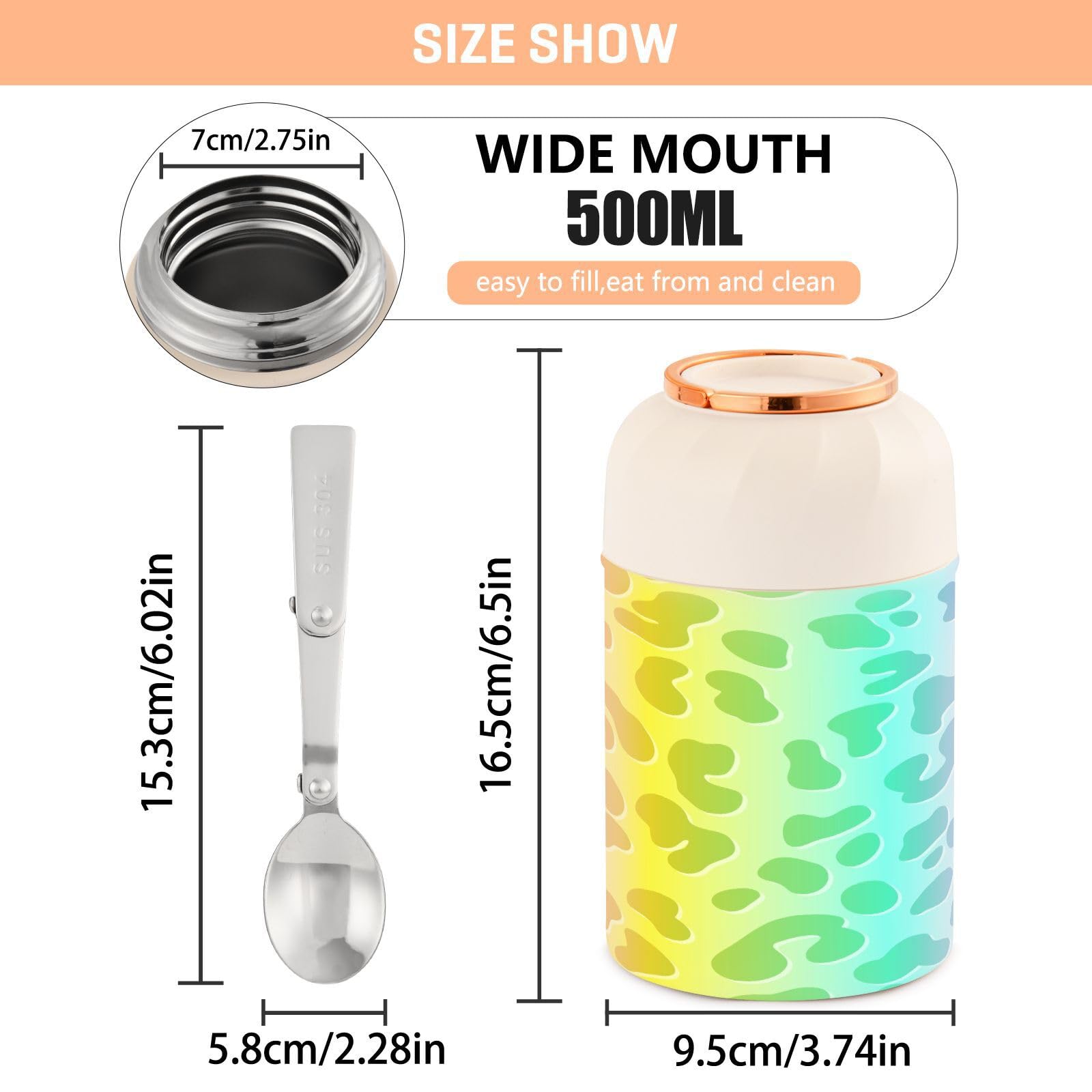 CUPADA Rainbow Leopard Skin Food Jar for Hot and Cold, Insulated Food Jars Vacuum 17OZ with Folding Spoon for Work Trip Picnic Camping