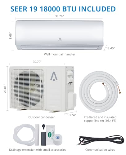 Acekool 19000 BTU Smart Mini Split AC/Heating System 19 SEER Split Inverter Air Conditioner, Cools Rooms up to 1250 Sq. Ft, with Pre-Charged Condenser, Heat Pump & Installation Kit, 208/230V