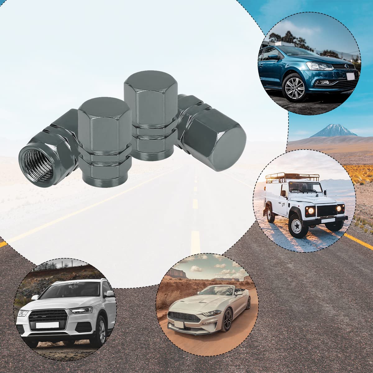 4PCS Moly Magnolia Tire Stem Valve Caps Wheel Valve Covers Car Dustproof Tire Cap, Leak-Proof Air Protection Fits Cars, Trucks, Bikes, Motorcycles, Bicycles, Hexagon Shape Design (Gray)