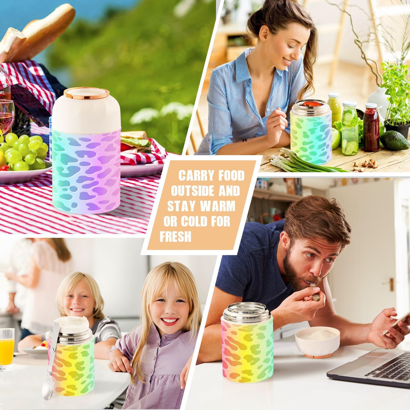 CUPADA Rainbow Leopard Skin Food Jar for Hot and Cold, Insulated Food Jars Vacuum 17OZ with Folding Spoon for Work Trip Picnic Camping