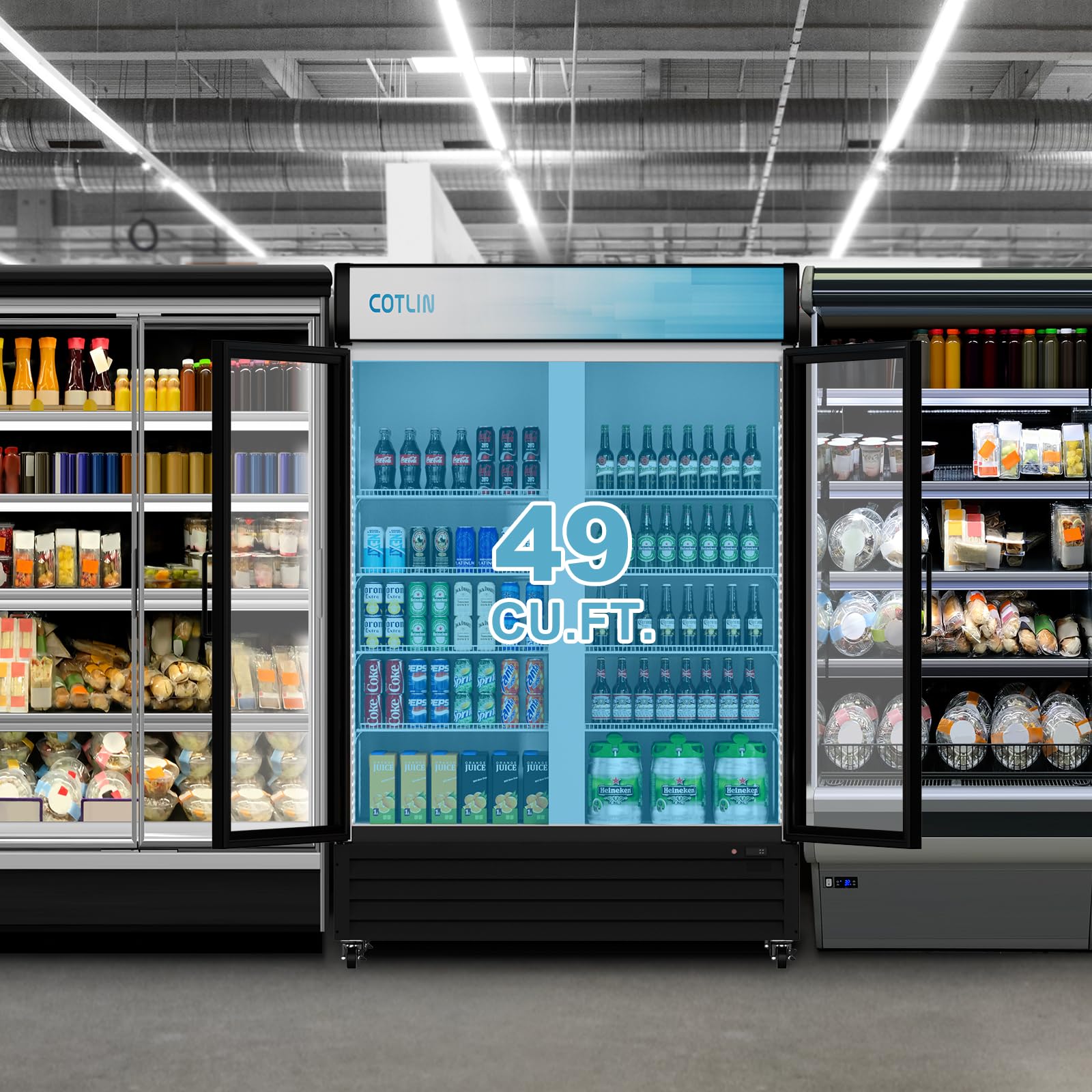COTLIN 53" W Commercial Display Refrigerator Merchandiser 2 Glass Door, 49 Cu.Ft Upright Drink Fridge Beverage Cooler with LED Lighting, 10 Shelves & 4 Bottle Holders, ETL NSF Approved