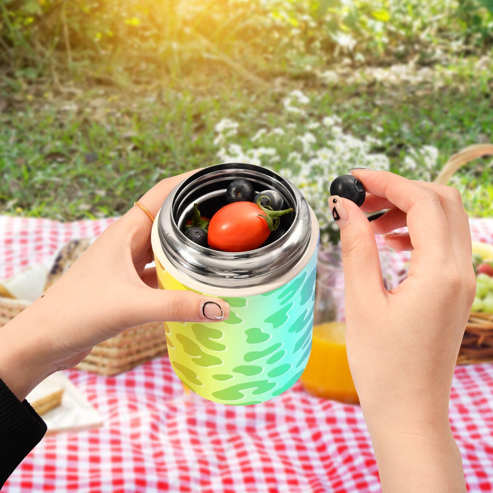 CUPADA Rainbow Leopard Skin Food Jar for Hot and Cold, Insulated Food Jars Vacuum 17OZ with Folding Spoon for Work Trip Picnic Camping