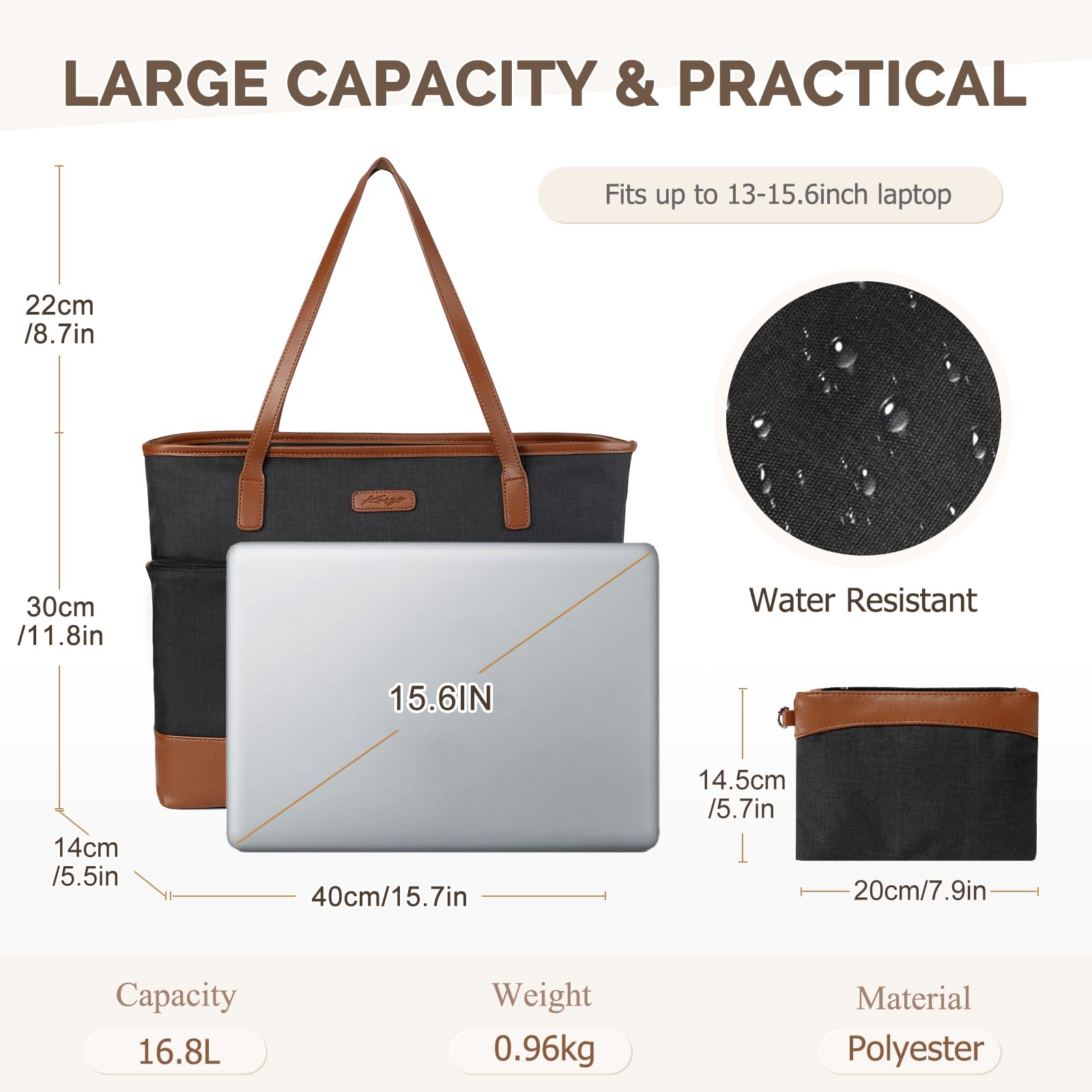 Kasqo Laptop Tote Bag for Women, 15.6 Inch Shockproof Computer Work Teacher Bag, Large Capacity Waterproof Handbag with Luggage Sleeve, Black and Brown