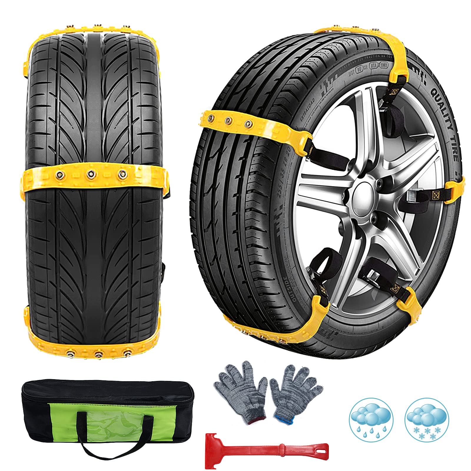 Snow Chains Anti Slip Snow Chains Emergency Anti-Skid Snow Mud Tire Chains for Cars/SUV/ATV/Trucks, Adjustable 10pcs Car Security Chains with Free Snow Shovel and Gloves