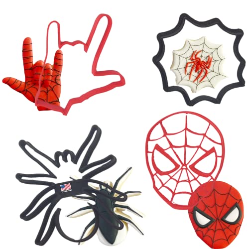 SUPERHERO COOKIE CUTTERS Inspired By Spiderman Head/Face/Mask, Spidey-Shaped Hand, Spider/Arachnid and Spider Man Web 3D Printed Cookie Cutters (4 Pack)