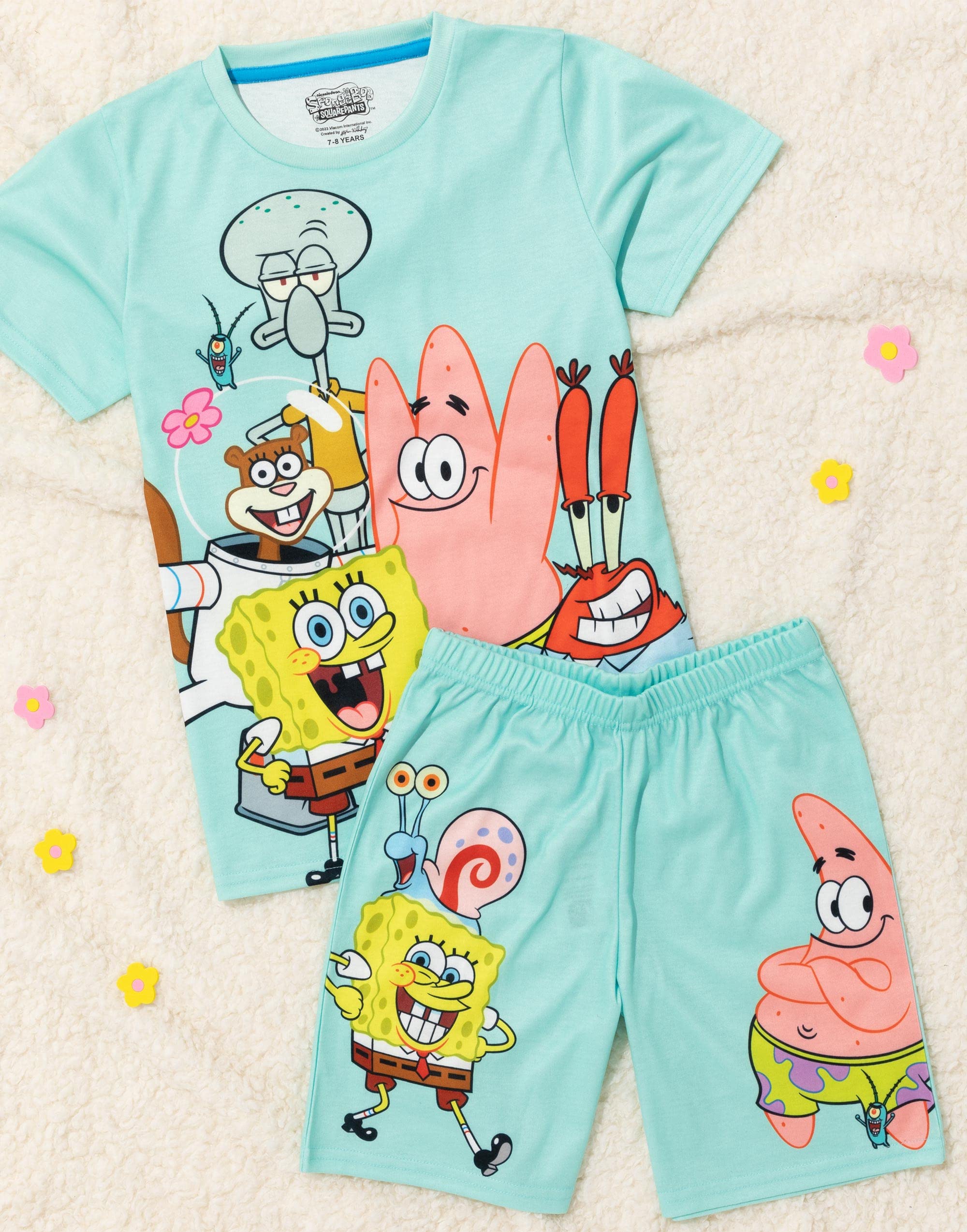 SpongeBob SquarePants Kids Pajama Set | Boys & Girls Blue Short Sleeve T-Shirt & Shorts | Squidward Patrick Mr Krabs Gary PJs