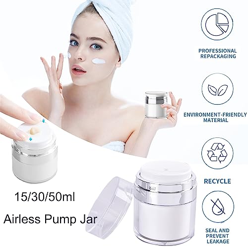 LXIANGN 3Pcs Airless Pump Jars,Refillable Empty Airless Pump Jar Vacuum Push Down Moisturizer Pump Dispenser for Serums,Skincare Cream,Essence,Leak Proof Portable Travel Container (0.5oz,1oz,1.7oz)