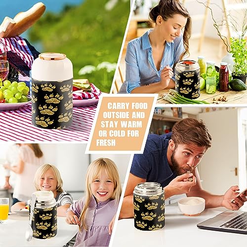 CUPADA Dog Paw Print Food Jar for Hot and Cold, Golden Glitter Insulated Food Jars Vacuum 17OZ with Folding Spoon for Work Trip Picnic Camping