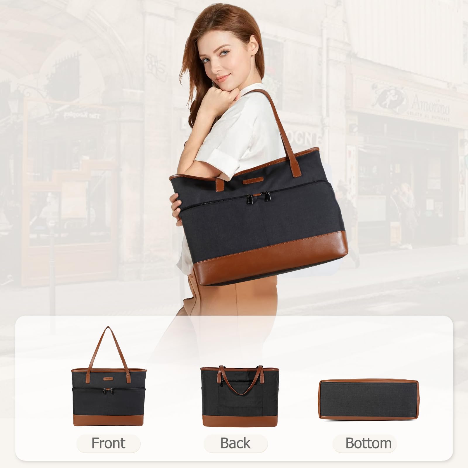Kasqo Laptop Tote Bag for Women, 15.6 Inch Shockproof Computer Work Teacher Bag, Large Capacity Waterproof Handbag with Luggage Sleeve, Black and Brown