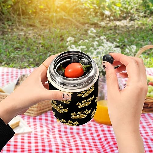 CUPADA Dog Paw Print Food Jar for Hot and Cold, Golden Glitter Insulated Food Jars Vacuum 17OZ with Folding Spoon for Work Trip Picnic Camping
