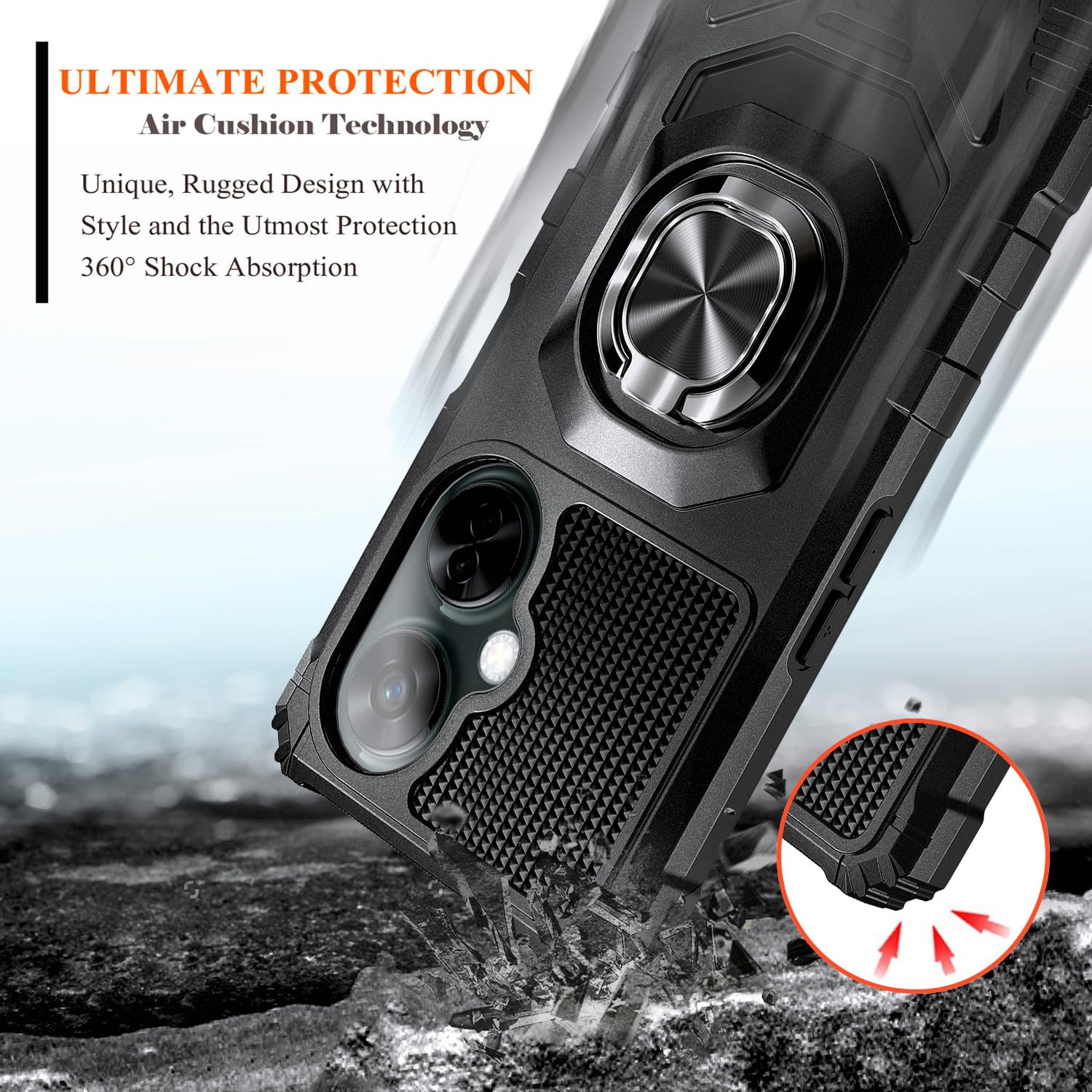 NZND Designed for OnePlus Nord N30 5G Phone Case, Full-Body Protective [Military-Grade], Magnetic Car Ring Holder Cover Case with Tempered Glass Screen Protector (Black)