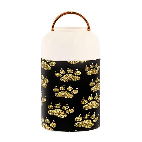 CUPADA Dog Paw Print Food Jar for Hot and Cold, Golden Glitter Insulated Food Jars Vacuum 17OZ with Folding Spoon for Work Trip Picnic Camping