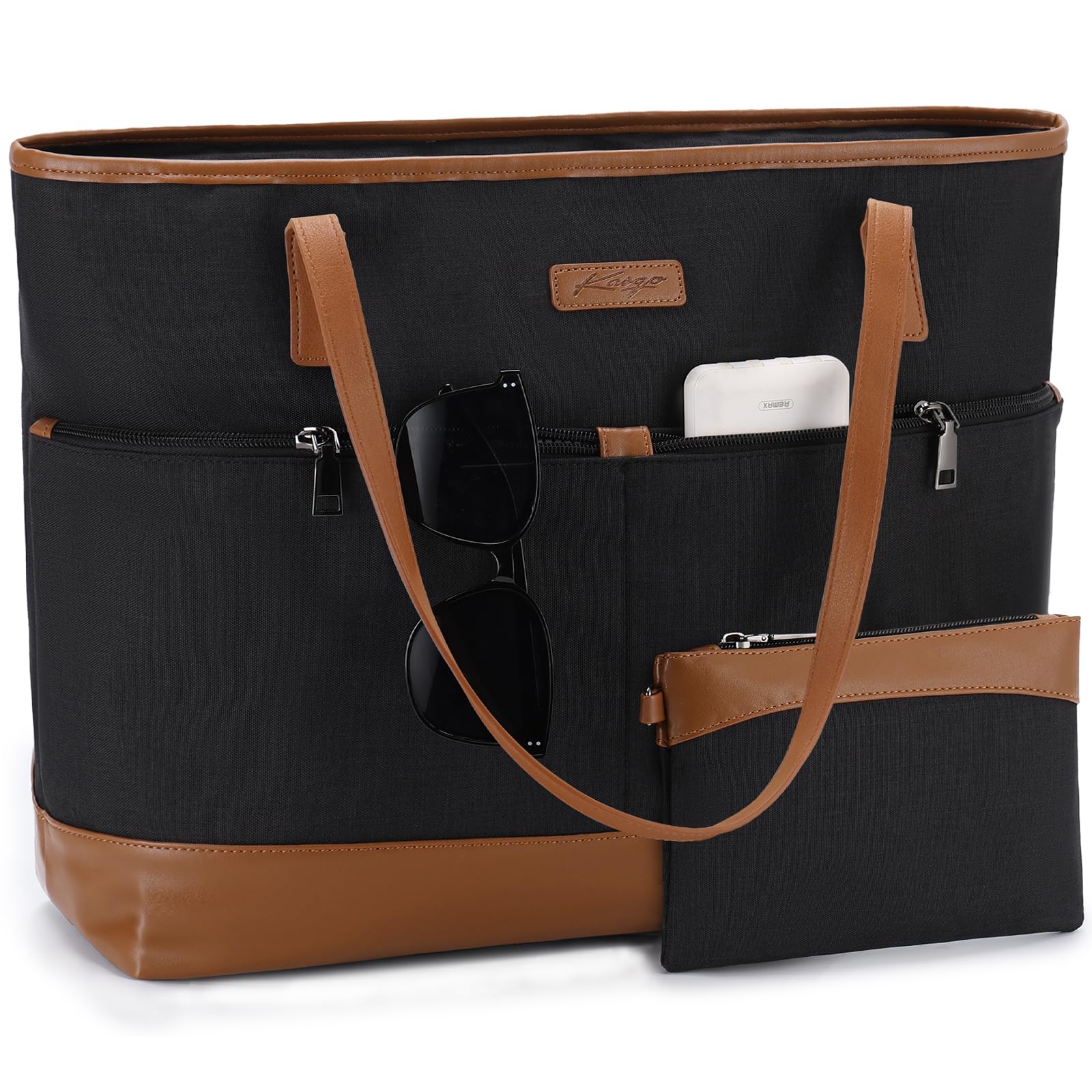 Kasqo Laptop Tote Bag for Women, 15.6 Inch Shockproof Computer Work Teacher Bag, Large Capacity Waterproof Handbag with Luggage Sleeve, Black and Brown
