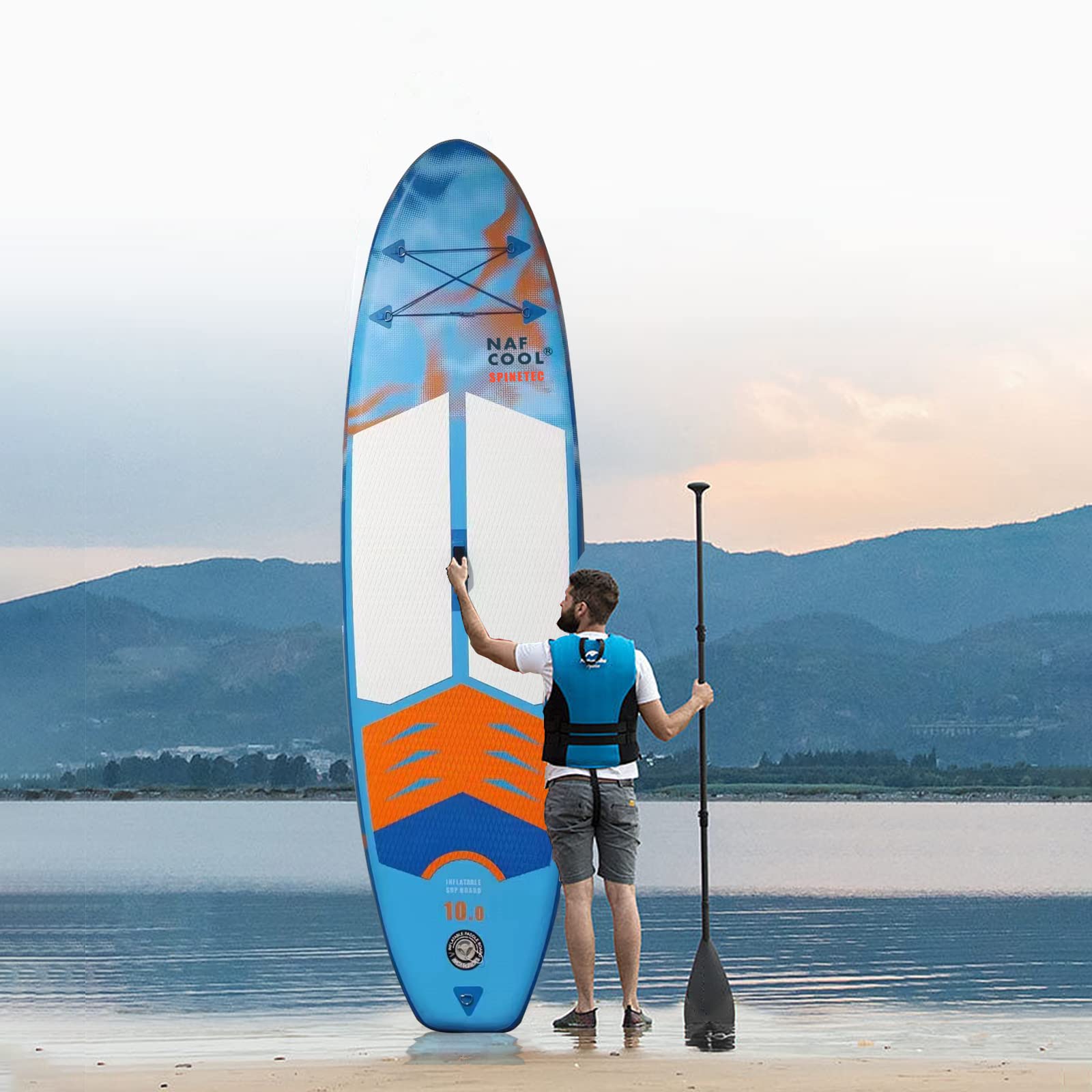NAFCOOL Inflatable Stand Up Paddle Board,10'4"×32"×6" Surfing Standing Paddle Board with SUP Accessories & Backpack, Non-Slip Deck,Removable Fins,Leash,Paddle,Hand Pump for Youth & Adult(Sky Blue)
