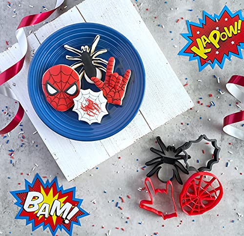 SUPERHERO COOKIE CUTTERS Inspired By Spiderman Head/Face/Mask, Spidey-Shaped Hand, Spider/Arachnid and Spider Man Web 3D Printed Cookie Cutters (4 Pack)